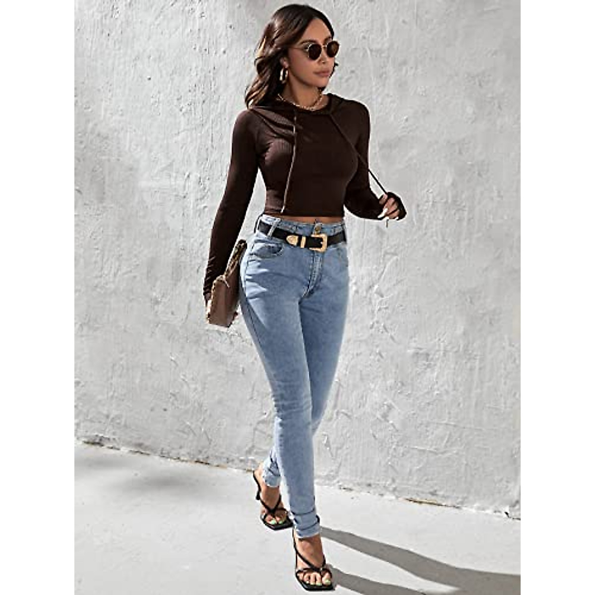 Milumia Women's Drawstring Hooded Crop Tee Long Sleeve Rib Knit T Shirts Sweatshirt with Thumbhole Chocolate Brown Small