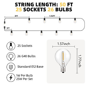 RTTY Outdoor String Lights 50ft, G40 Led Patio Lights with 26pcs Bulbs,Waterproof Shatterproof Dimmable Hanging Connectable Globe Outdoor Lights for Cafe,Bistro,Backyard,Gazebo,Balcony,Party, Black