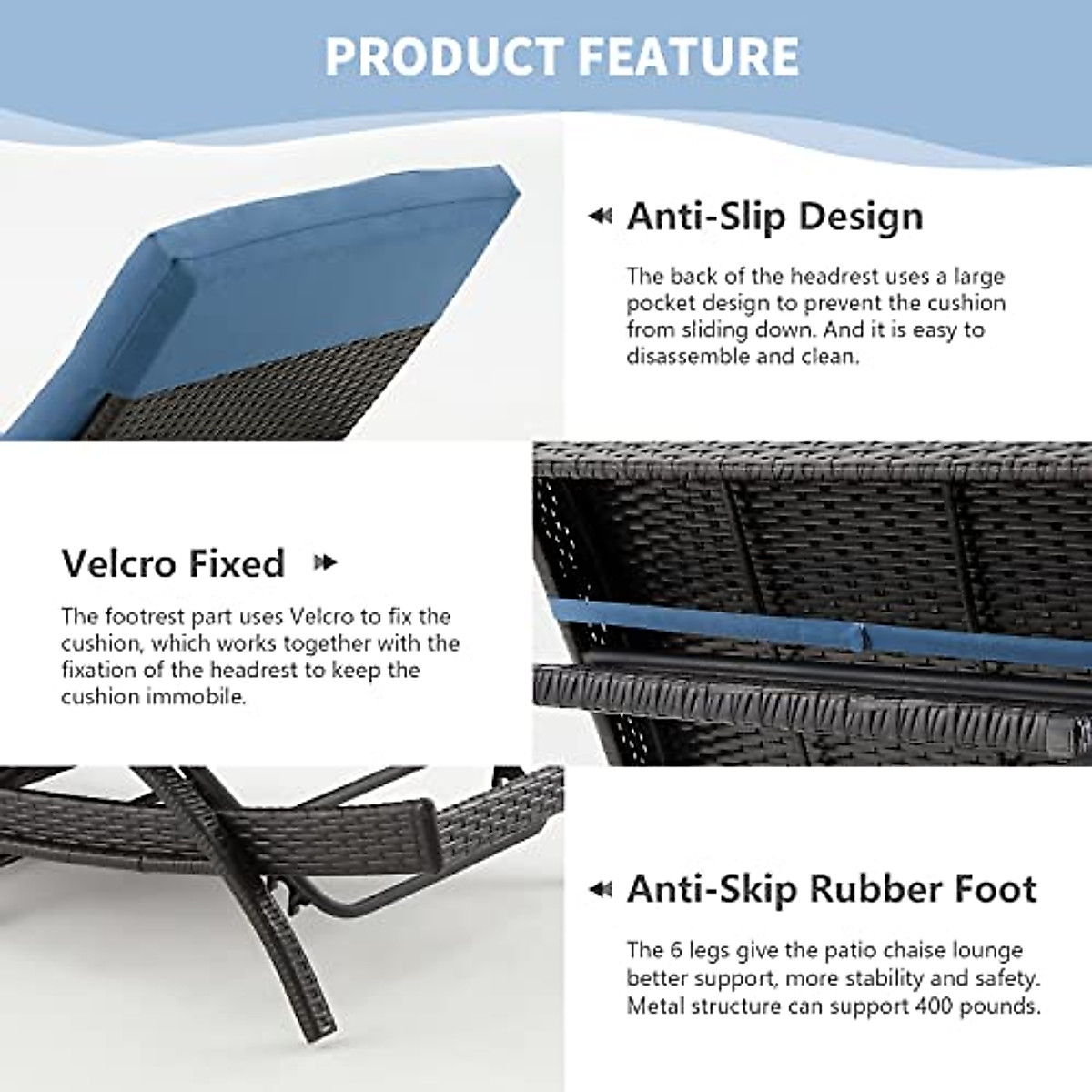 GYUTEI Patio Lounge Chair Rattan Chaise Lounge Chair with Adjustable Backrest Thickened Cushion,PE Rattan Steel Frame Outdoor Reclining Chaise for Patio Backyard Porch Garden Poolside(Light Blue)