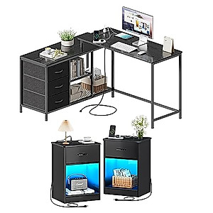 SUPERJARE L Shaped Desk with Drawers & Shelves and Nightstands Set of 2 with Charging Station & LED Light Strips, Black
