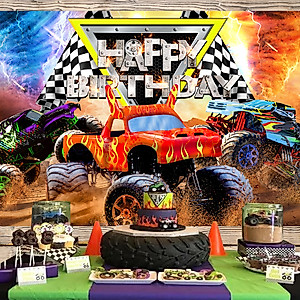 Newsely Truck Themed Birthday Party Supplies Backdrop 7Wx5H Monster Boys Kids Happy Birthday Background Photography Jam Burning Flame Car Grave Digger Party Decorations Banner Photo Booth Props