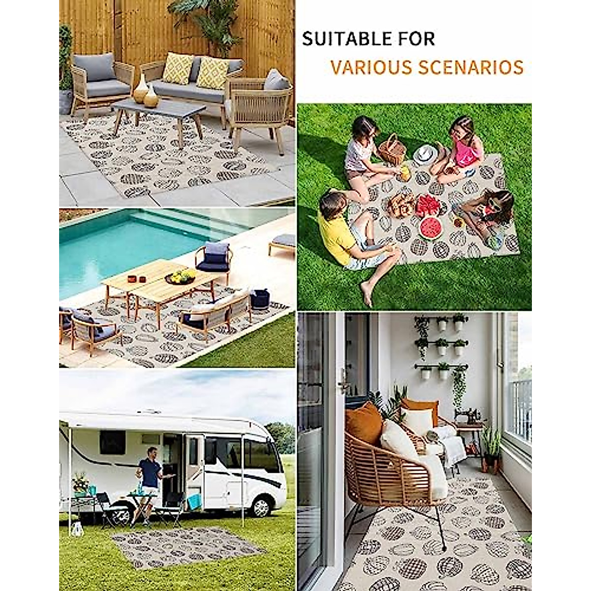 Thanksgiving Fall Outdoor Rug for Patio/Deck/Porch, Non-Slip Large Area Rug 6 x 9 Ft, Autumn Pumpkin Rustic Burlap Indoor Outdoor Rugs Washable Area Rugs, Reversible Camping Rug Carpet Runner