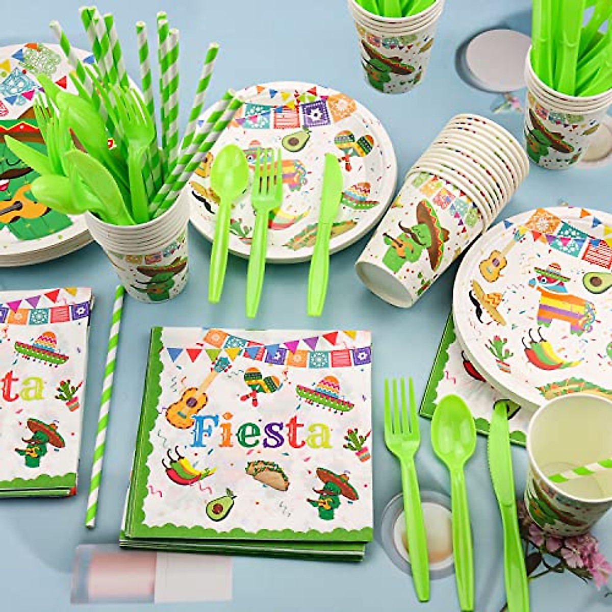 226 PCS Mexican Themed Fiesta Party Supplies - Paper Plates, Cups, Napkins, Straws Forks Knives Spoons, Balloon, Tablecloth, HAPPY BIRTHDAY Banner for Cinco de Mayo Disposable Tableware Set, Serves 24