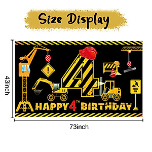 Construction 4th Birthday Banner Decorations for Boys Kids, Dump Truck Construction Theme Four Birthday Backdrop Party Supplies, Excavator Crane Digger Four Year Old Poster Sign