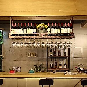 Stylish Simplicity European Wrought Iron Hanging Wine Rack Goblet Shelf Bar Home Wine Glass Rack Upside Down Display Stand Wine Racks, PIBM, Bronze, 120 * 35cm
