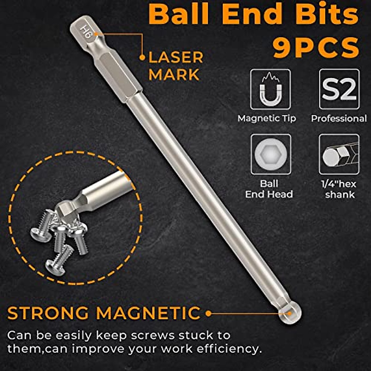 Tonsiki 9PCS Ball End Hex Head Allen Wrench Drill Bit Set, Metric S2 Steel Hex Bits Set, 1/4" Hex Shank Magnetic Screwdriver Bit Set for Assembling Furniture, 4'' Long - 1.5/2/2.5/3/4/5/6/8/10mm