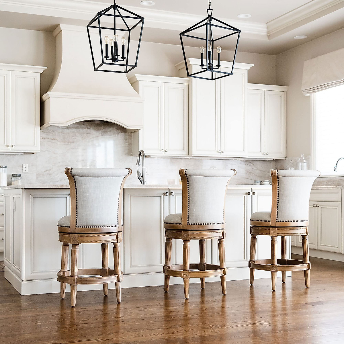 Maven Lane Pullman 26 Inch Tall Counter Height Upholstered Barstool with Back in Weathered Oak Finish with Sand Color Fabric Cushion Seat, Set of 4