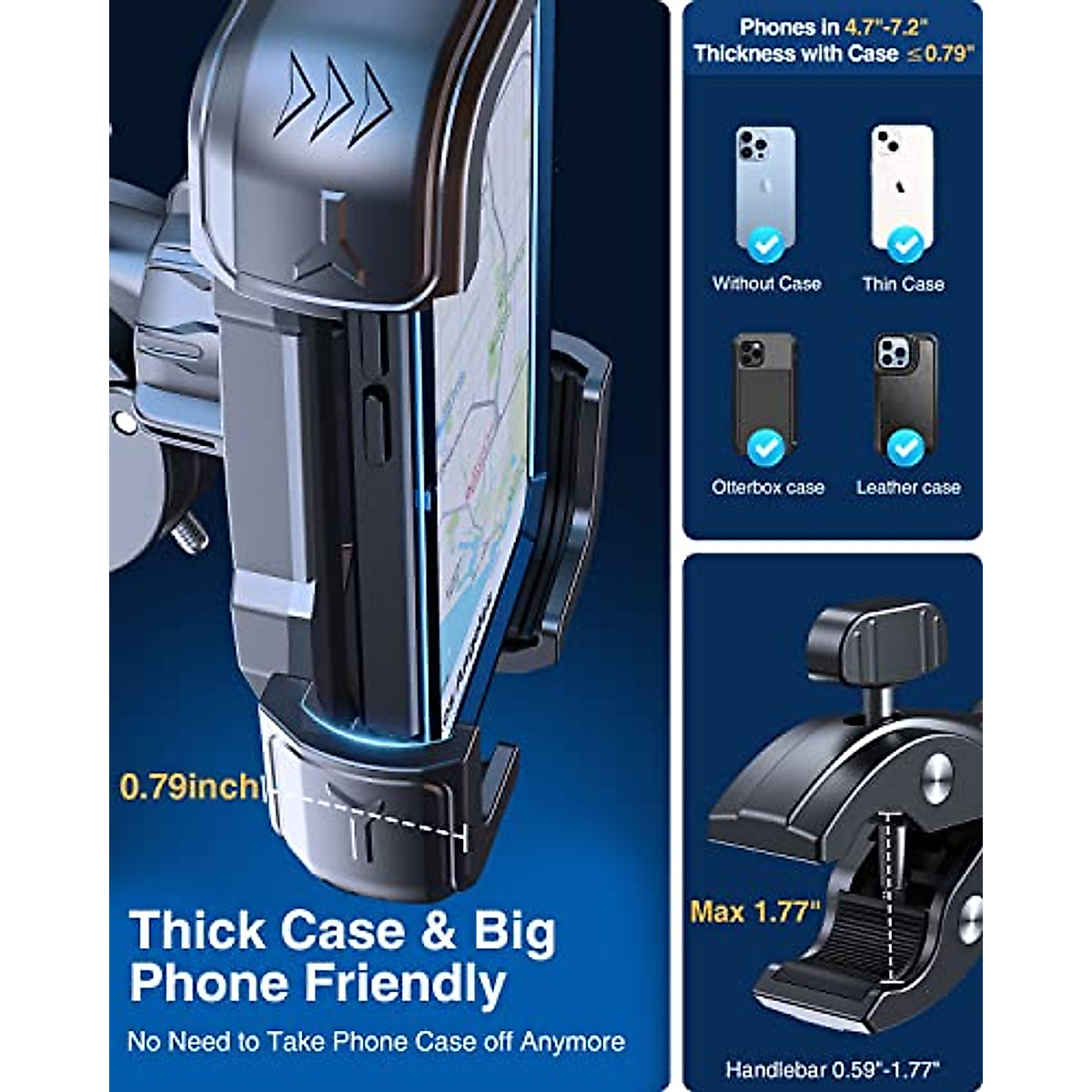 Motorcycle Phone Mount, [150mph Wind Anti-Shake][7.2inch Big Phone Friendly] Bike Phone Holder for Bicycle, [5s Easy Install] Handlebar Phone Mount, Compatible with iPhone, All Cell Phones