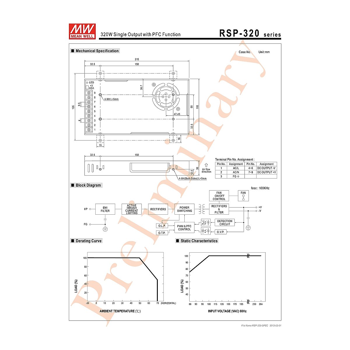 MW Mean Well RSP-320-24 24V 13.4A 321.6W Single Output with PFC Function Power Supply