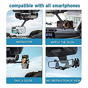 Rearview Mirror Phone Holder for Car-360° Rotatable and Retractable Car Phone Holder with Adjustable Length Upgraded Multifunctional Rearview Mirror Phone Holder for All Mobile Phones and All Car
