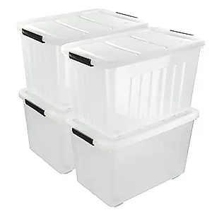 Waikhomes 4 Pack Large Plastic Storage Boxes, Large Lidded Storage Bins with Wheels, 70 L