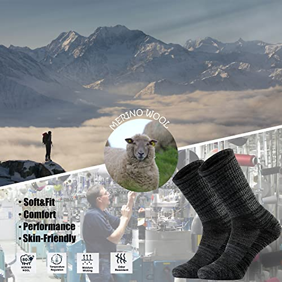 Ortis Men's Merino Wool Cushion Crew Socks with Moisture Wicking Control Light Weight Breathable for Outdoor Hiking Cycling(Black L)