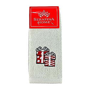 Christmas Fingertip Towel Set: Gnome Present Like Your Present, Grey Hand Towels with Red White Embroidery Jolly Gnome Present, Set of 2