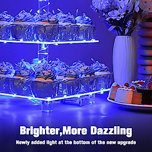 YestBuy 3 Tier Square Cupcake Stand - Premium Cupcake Holder - Acrylic Cupcake Tower Display - Cady Bar Party Décor + LED Light String - Ideal for Weddings, Birthday Parties(Blue Light)
