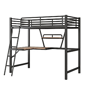 P PURLOVE Metal Loft Bed with Desk Twin Size High Loft Bed with L-Shaped Desk and Shelf and Ladder,No Box Spring Need