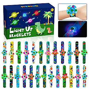 SEKEAHU 25 PCS Light Up Fidget Rotating Toy + 25PCS Slap Bracelets, Dinosaur Christmas Party Favors Stocking Stuffers for Kids 4-8-12 Goodie Bag Stuffers Glow in The Dark Supplies Gifts