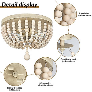 Farmhouse Wood Beaded Chandelier, Bohemia Ceiling Lamp, Rustic 2-Light Pendant Light Fixture, Semi-Flush Mount Ceiling Light for Living Room Entryway Hallway Kitchen Girl’s Room Baby’s Nursery, Oak