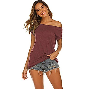 Tops for Women Off Shoulder Casual Summer Oversized Baggy Shirts Wine Red XL