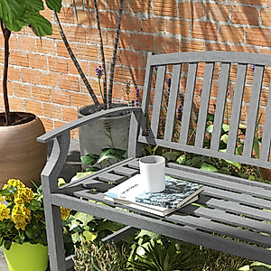 Outsunny 46" Outdoor Garden Bench, Metal Bench, Wood Look Slatted Frame Furniture for Patio, Park, Porch, Lawn, Yard, Deck, Gray