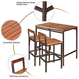 Tangkula 3 PCS Patio Bar Table Set, Outdoor Rattan Bar Set Bistro Set with Acacia Wood Top, Wood Table Set with 2 Bar Chairs for Dining Room, Backyard, Patio and Balcony