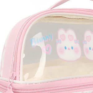 Mokernali Cute Rabbit Pen Bag, Rabbit Pattern Double Layer Pen Bag, Waterproof Transparent Kawaii Pencil Case Pink Cosmetic Bag with Handle