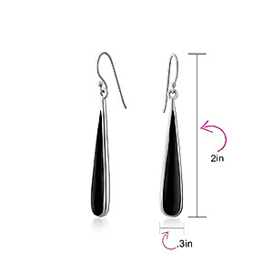 Simplistic Boho Fashion Black Onyx Inlay Long Flat Teardrop Shaped Dangle Earrings For Women Teen .925 Sterling Silver Fish Hook Wire Threader