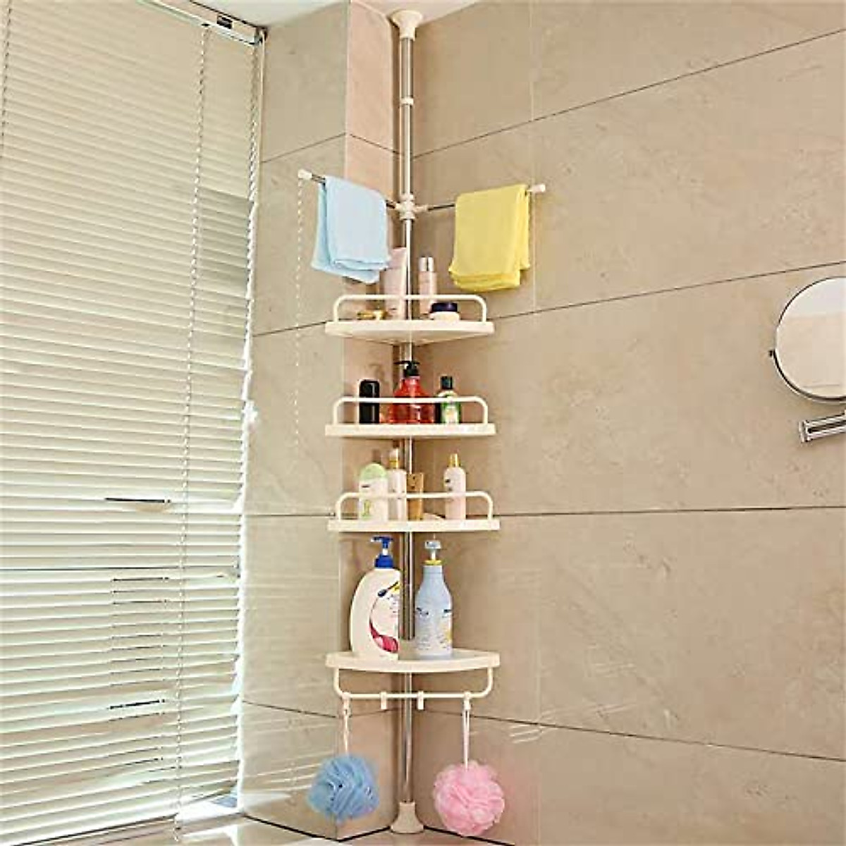 CNCEST 4 Tier Bathroom Shower Storage Shelf Corner Shower Caddy Tension Pole Rust Proof Telescopic Rod Storage Rack Organizer Corner Shower Organizer