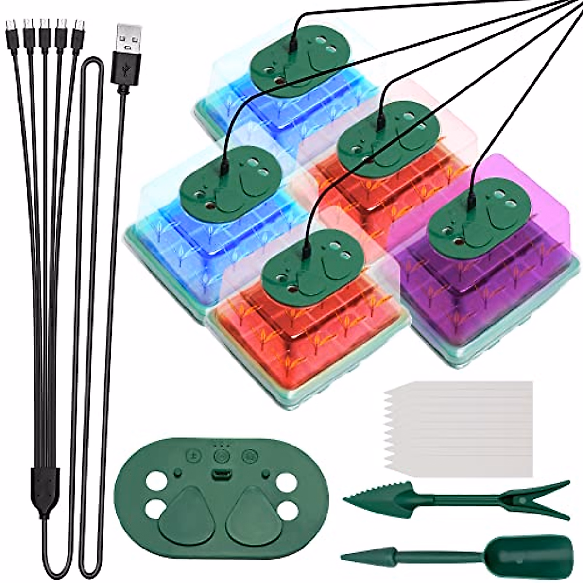 60 cell Reusable Seed Starter Tray with Grow Light, 5 Pack Seed Starter Kit with Adjustable Red, Purple, and Blue Light Brightness, Humidity,Timing for Indoor all plants fruit and vegetable seedlings