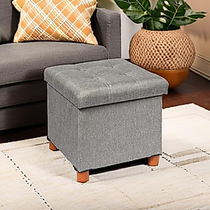 B FSOBEIIALEO Storage Ottoman with Tray, Foot Stools and Ottomans with Legs, Storage Cube Seat Linen Grey 15"