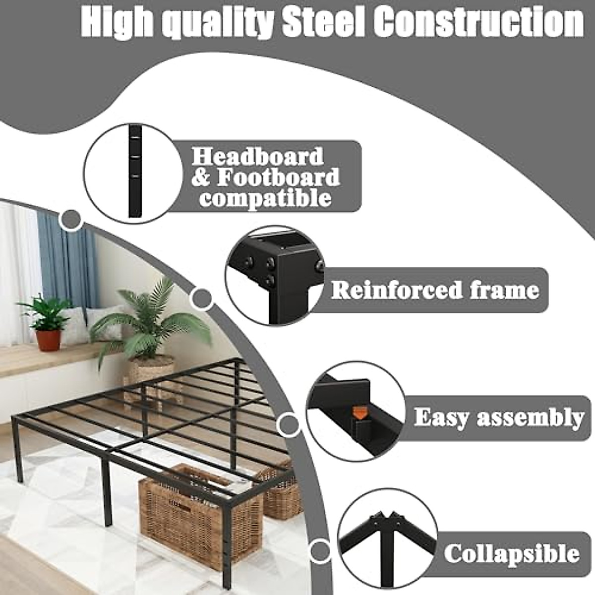 caziwhave King Bed Frame 18 Inch High Max 3500 lbs Heavy Duty Metal Mattress Foundation Platform Sturdy Steel Slat Support King Size No Box Spring Needed Easy to Assembly Noise Free Non Slip