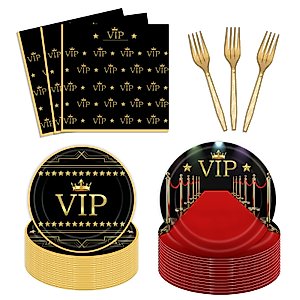 96Pcs VIP Party Supplies Disposable Red Carpet Event Plates and Napkins Fork Tableware Set Cine Film Show Celebrity Activity Graduation Prom Birthday Party Decorations Serves 24 Guests