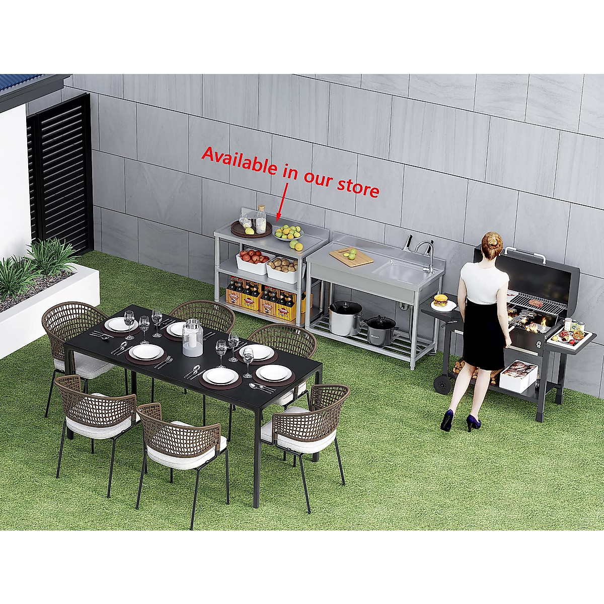 Free Standing Stainless-Steel Single Bowl, Commercial Restaurant Kitchen Sink Set w/Faucet & Drainboard, Prep & Utility Washing Hand Basin w/Workbench & Storage Shelves Indoor Outdoor (47in)