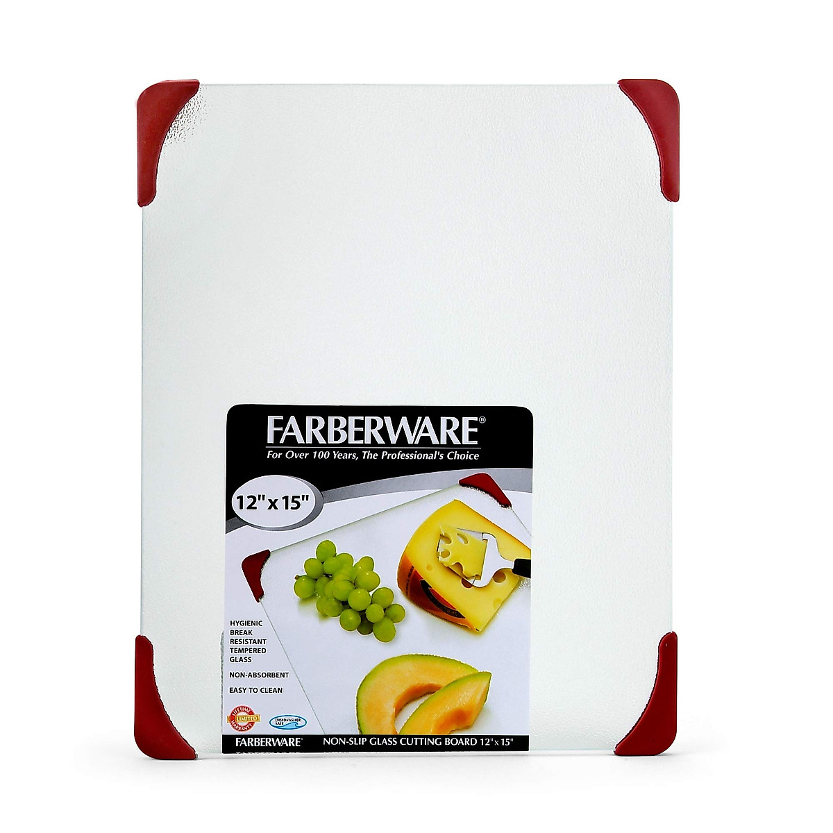 Farberware 12-by-15-Inch Glass Utility Cutting Board with Non-Slip Red Corners