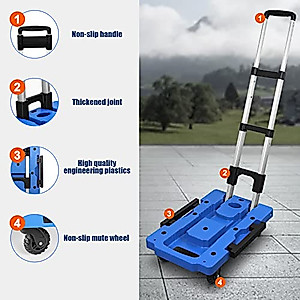 KelejakaMT Folding Hand Truck, 330 LB Heavy Capacity Luggage cart - 360° Rotating Platform Cart with Swivel Locked Casters and 2 Bungee Cords, Hand Cart is Suitable for Travel Shopping Moving Office