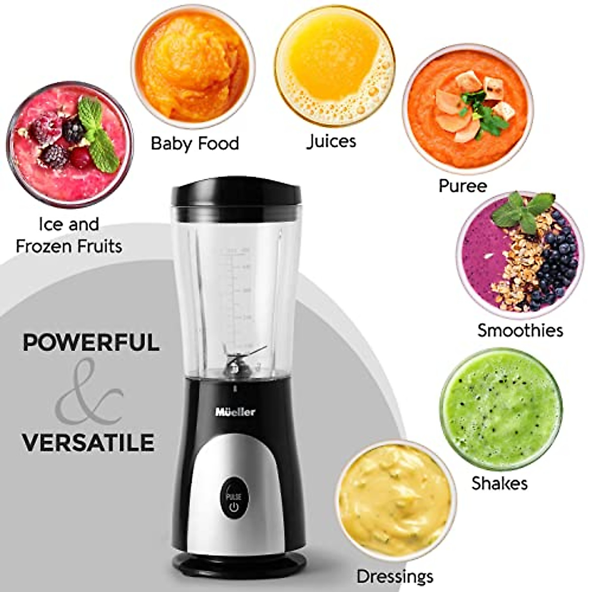 Mueller Ultra Bullet Personal Blender for Shakes and Smoothies with 15 Oz Travel Cup and Lid, Juices, Baby Food, Heavy-Duty Portable Blender & Food Processor, Black