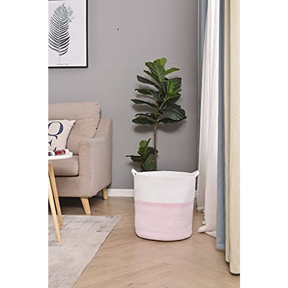 Pink Cotton Rope Laundry Basket with Handles Woven Portable Basket Cute Pink Nursery Blanket Storage Basket for Girl Clothes Hamper Home Decor Basket