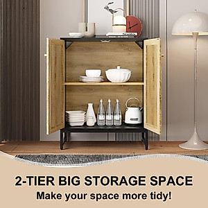 Kopuity Sideboard Buffet Cabinet, Storage Cabinet with Double Rattan Doors, Modern Rattan Sideboard Cabinet, Kitchen Storage Cabinet with Metal Feet, for Entryway, Bedroom, Living Room (Black)