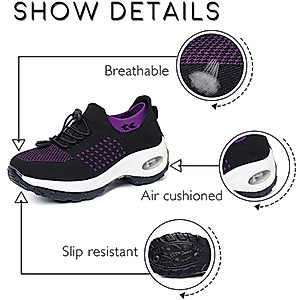 Women's Walking Shoes Sock Sneakers Slip on Mesh Air Cushion Comfortable Wedge Easy Shoes Platform Loafers Purple 39