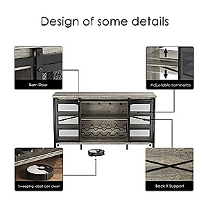 QNICE Industrial Wine Bar Cabinet / 55" Sliding Barn Door Coffee Bar Cabinet/Farmhouse Bar Cabinet with Wine Rack/Dark Rustic Oak/Easy Assembly