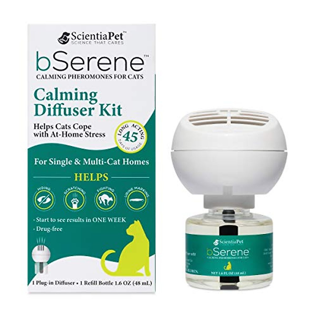 bSerene Pheromone Calming Solution for Cats|45-Day Starter Kit: Plug-in Diffuser + Refill |Helps Reduce Hiding, Scratching, Stress, Anxiety | for Single/Multicat Homes|45 Days of Constant Comfort