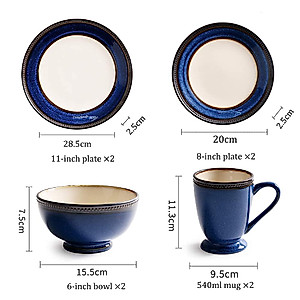 Ceramics Dinnerware Sets, Plates, Bowls and Mugs | 8 Pieces Kiln Glaze Dinner Sets - Indigo Porcelain Combination Set for Restaurant Family Party Christmas