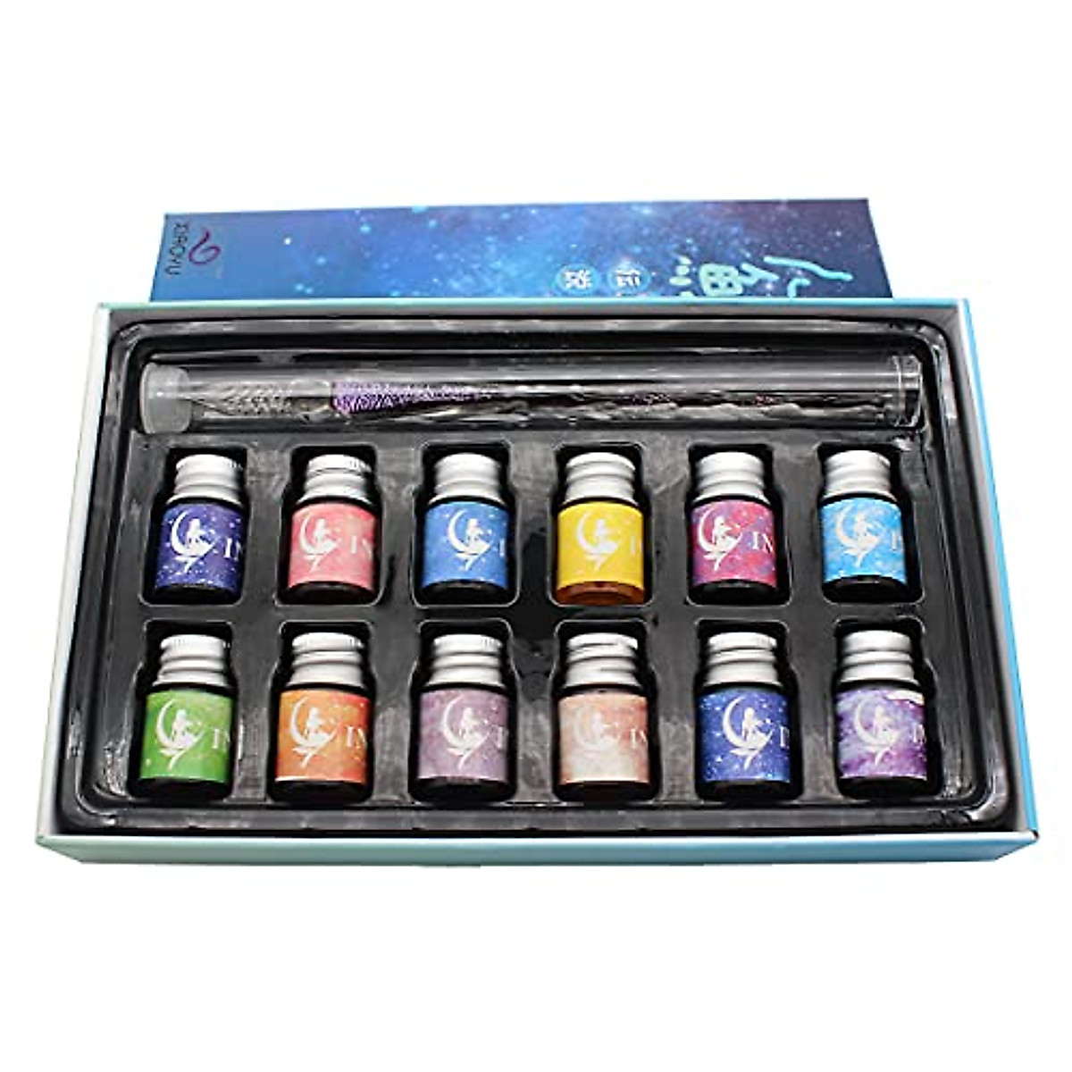 XIAOYU Mermaid Story Glass Pen, Mermaid Story Glass Dip Pen Ink Set, Mermaid Story Calligraphy Dip Pens, Starry Sky Crystal Calligraphy Pen and Ink Set with 12 Colorful Inks, Purple