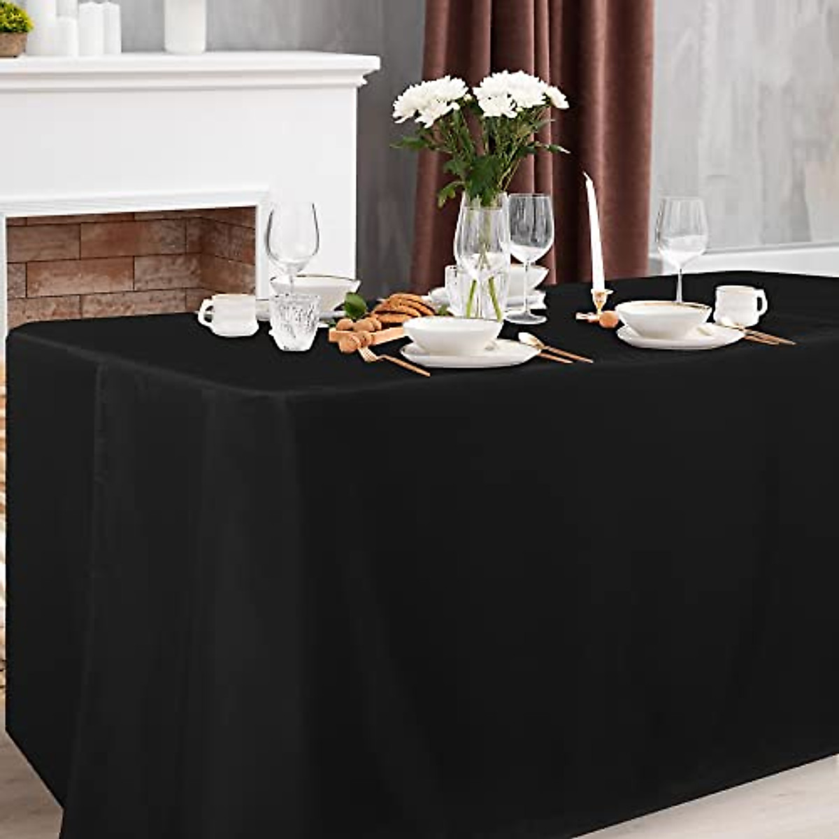 Obstal 2 Pack Black Tablecloth Fitted Table Clothes for 6 Foot Rectangle Tables - Water Resistant Washable Fabric Polyester Rectangle Table Cover for Outdoor/Indoor Uses（72L x 30W x 30H Inches, Black）