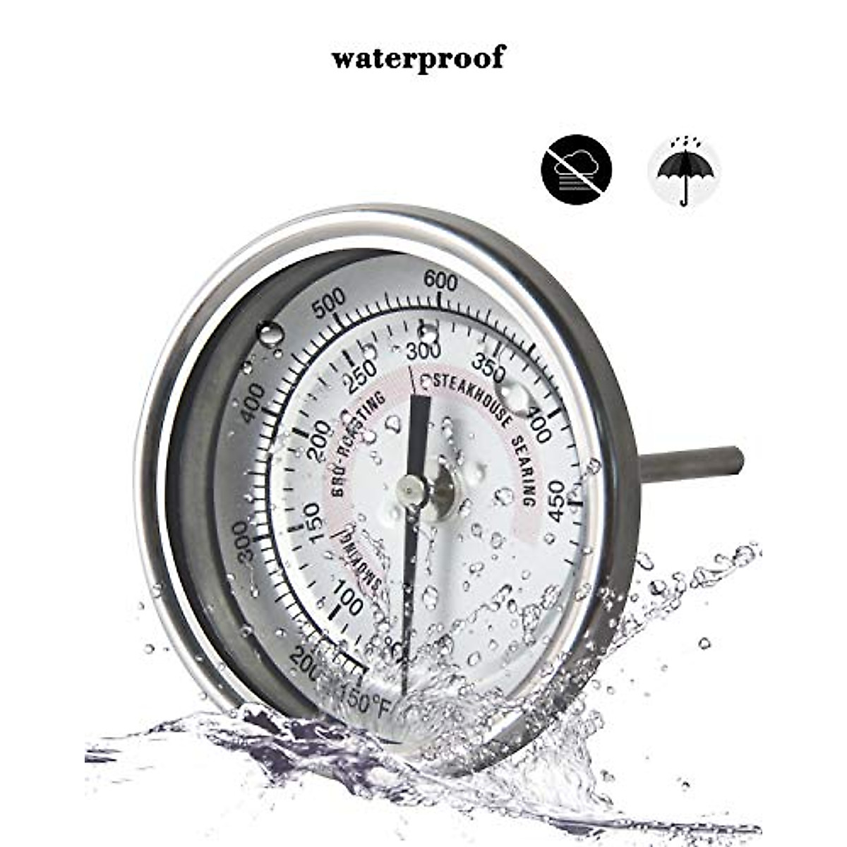 BBQ Grill Thermometer for Kamado Joe Barbecue Charcoal Grill 3 1/4" Inch Waterproof Large Surface Stainless Steel 150°F-900°F Wide Range Cooking Thermometer