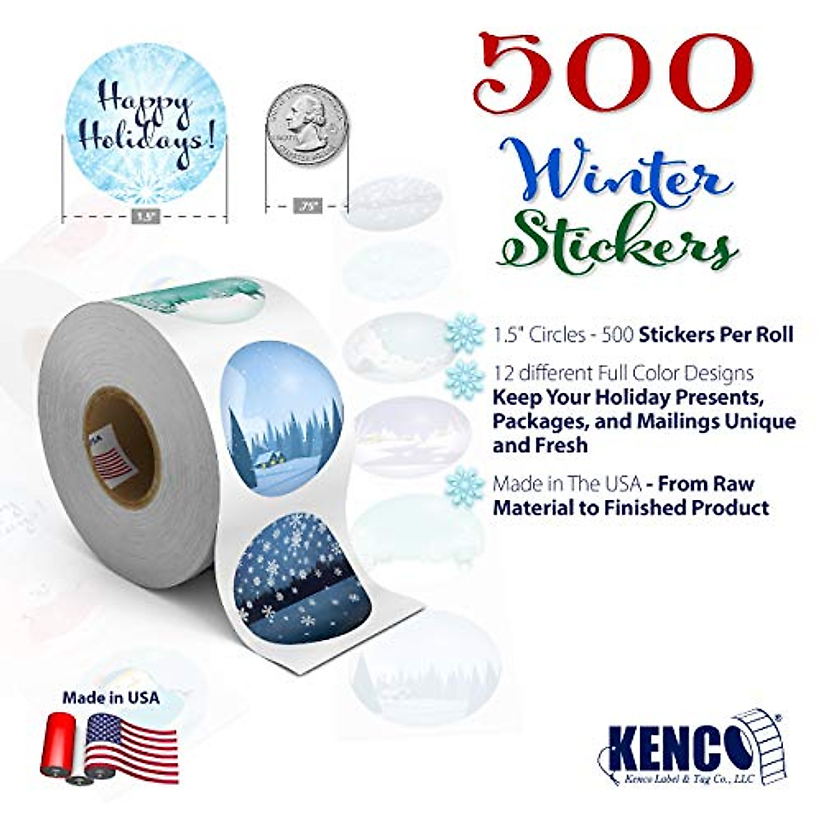 Winter Holiday Christmas Stickers, 1.5" Circle Seals, 500 Labels for Packaging, Presents, and Envelope Mailing. Made in The USA! (Snow Theme, 1 ROLL)