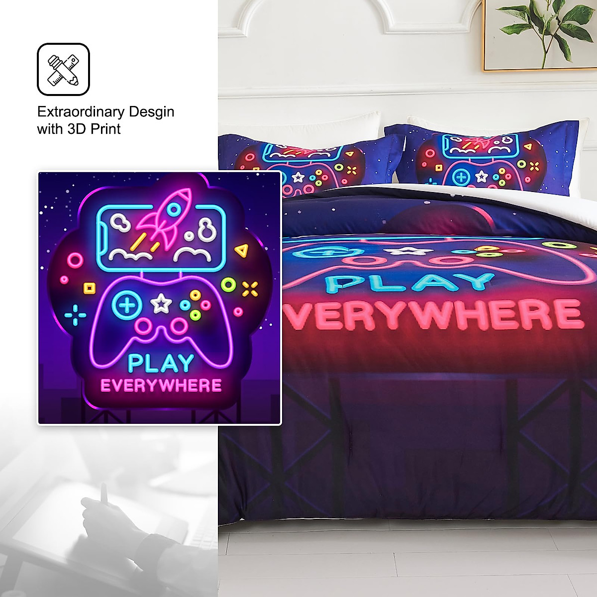 Koniroom Gaming Comforter Set Full/Queen Size, Gamer Bedding Sets for Kids Teen Boys with Play Everywhere Game Contoller Themed Printing, Reversible Comforter 3 Pieces with 2 Pillow Shams