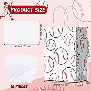 16 Pieces Baseball Gift Bags with Tissue Paper Baseball Party Bags with Handles Baseball Goodie Bags Baseball Treat Bags for Kids Sports Theme, Birthday Party, Sports Party (White, Baseball)