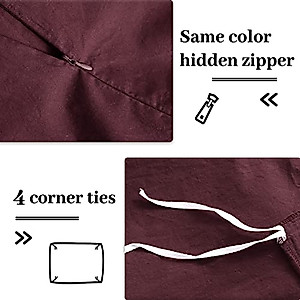 NEXHOME PRO Duvet Cover Set King Size Linen Look Textured Organic Natural 100% Washed Cotton Duvet Cover Burgundy Dark Red 3 Pieces Bedding Set with Zipper, Breathable, Soft (No Comforter)