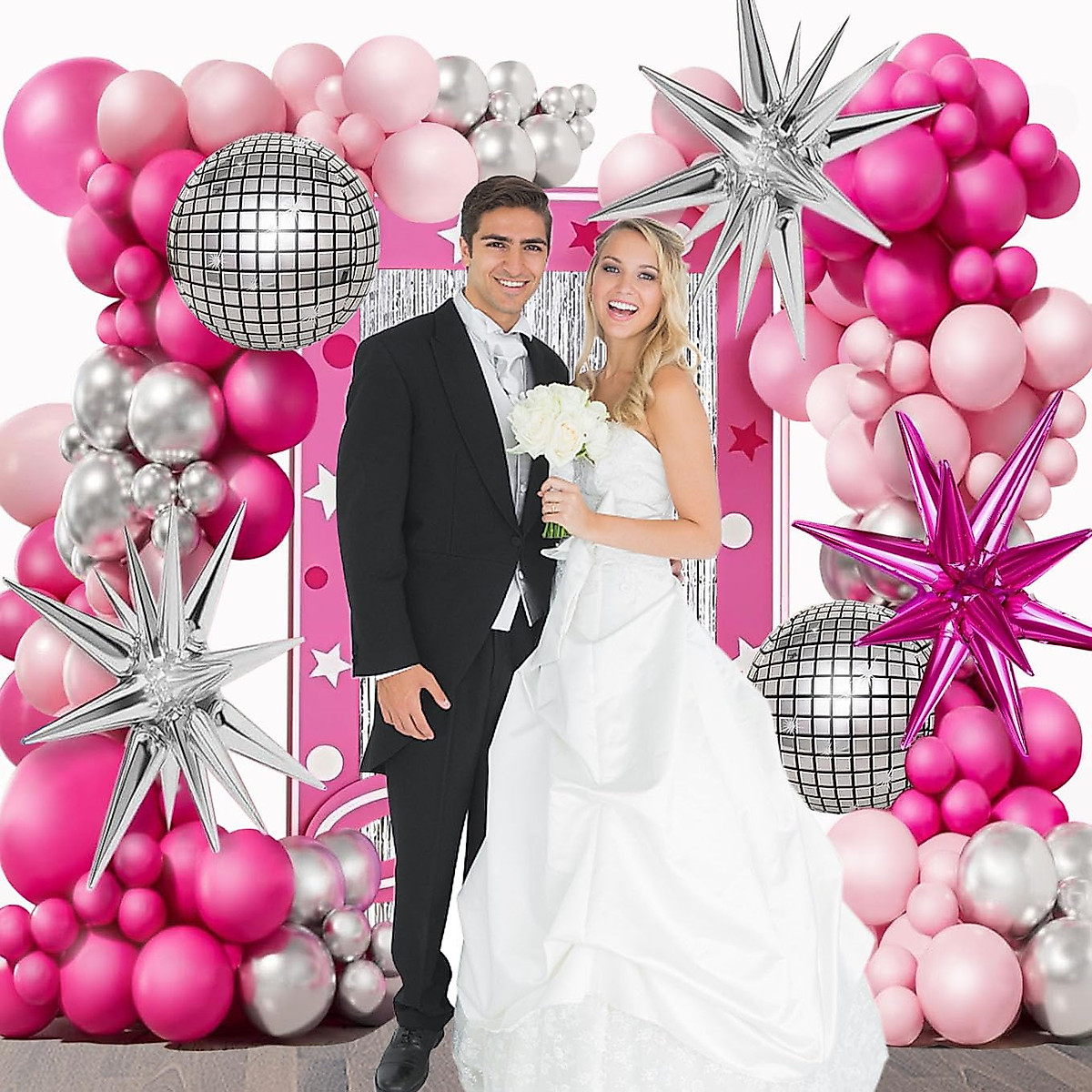 Hot Pink Silver Balloon Arch Kit, Silver Disco Ball Foil Curtains and Explosion Star Foil Balloon for Girl's 15/16/30th Birthday Princess 2024 Graduation Decorations