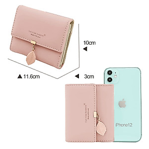 CALIYO Wallets for Women, Leaf Card Holder Trifold Small Wallets for Women , Silm Wallets Zipper Coins Pocket with ID Window,Pink